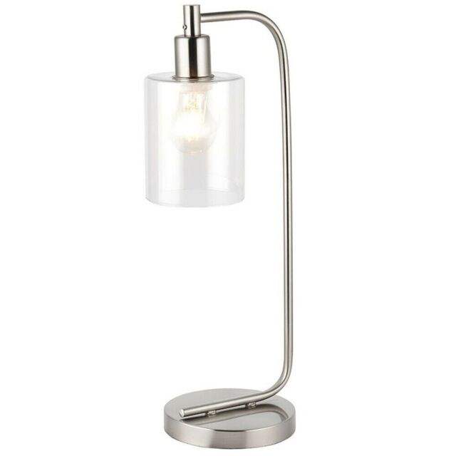 Loops Modern Curved Arm Table Lamp Brushed Nickel & Clear Glass Shade ...