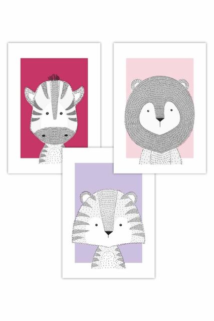Set of 3 Nursery Scandi Sketch Jungle Animals in Pink Lilac Art Posters ...