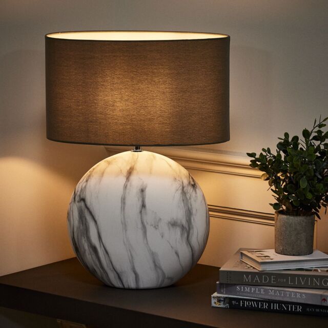 French Style Large Marble Effect Table Lamp with Shade Bedside Table ...