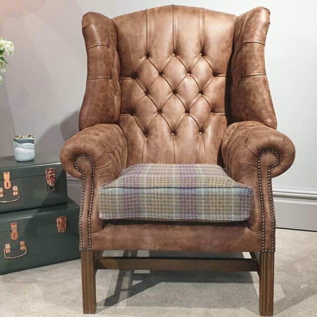 Georgian Rustic Leather Chair - Concrete Browntail & Wool Plaid Mix by ...