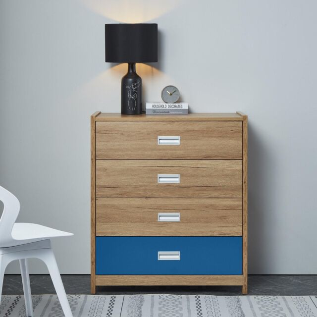 Chest 4 Storage Drawers Bedroom Home Oak Effect Blue Bedside Table by ...
