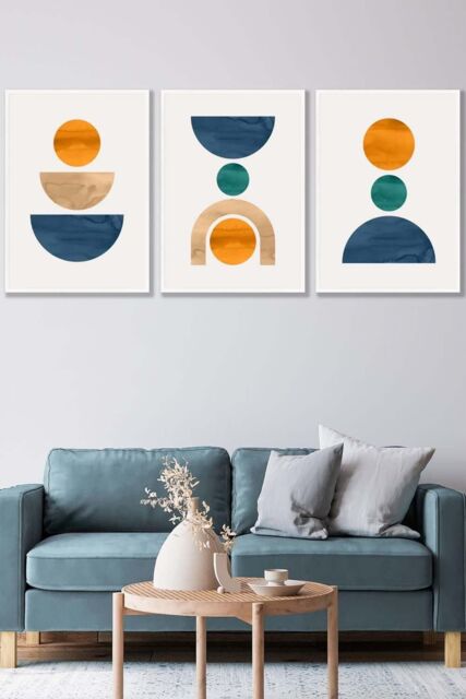ARTZE Set of 3 White Framed Mid Century Graphical Shapes in Navy Blue ...