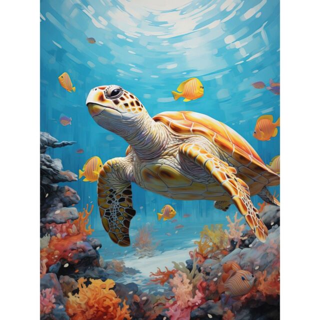Wall Art Print Loggerhead Sea Turtle in Coral Reef Bright Detailed ...