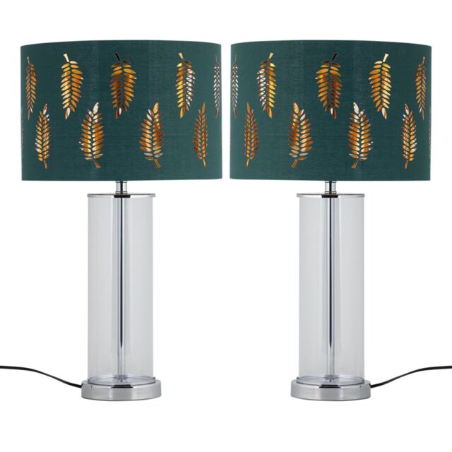 Set of 2 Aura - Chrome Table Lamps with Green Fern Cut Out Shades by ...