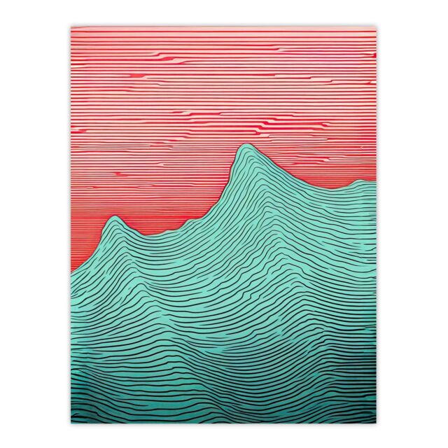 Wall Art Print Linear Waves Abstract Line Drawing Sea Red and Turquoise ...