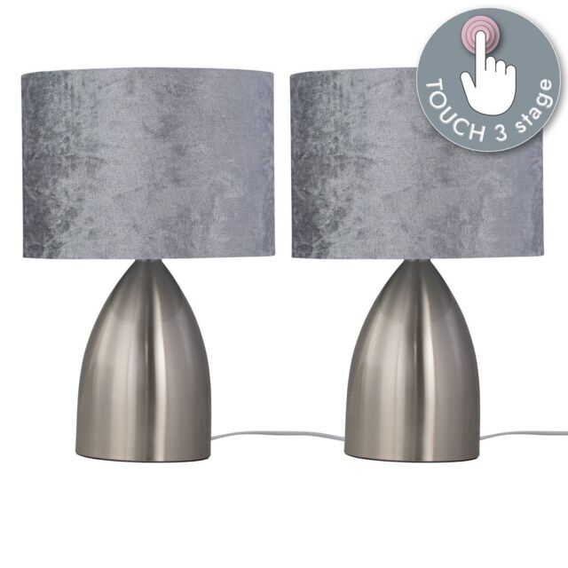 Set of 2 Valentina - Brushed Chrome Touch Lamps with Grey Crushed ...