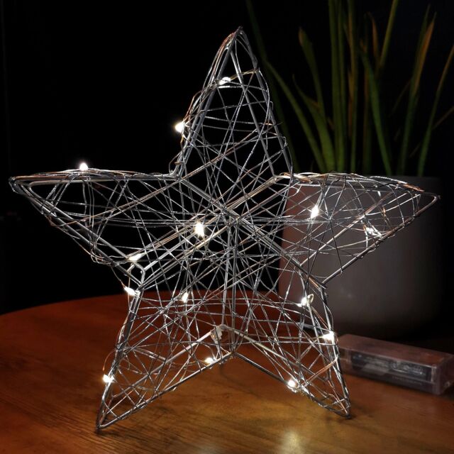 20cm Battery Operated Silver Woven Mesh Christmas Star Decoration with ...