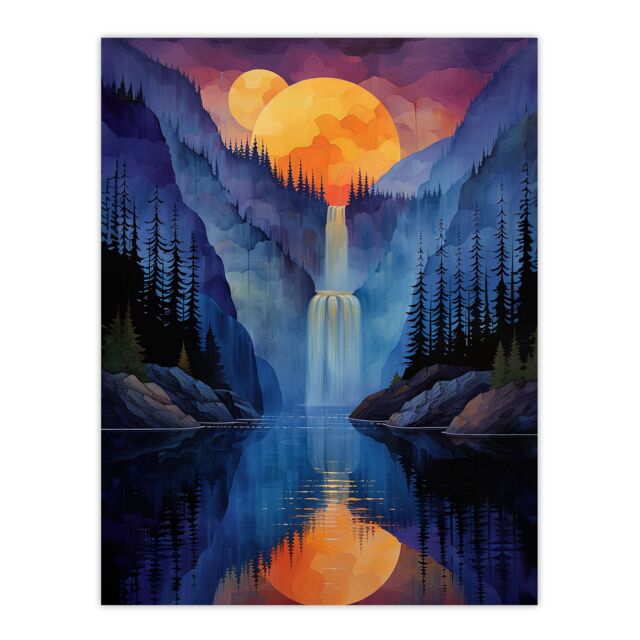 "Artery8 Wall Art Print Mirror Moon Waterfall Watercolour Night Mystic ...