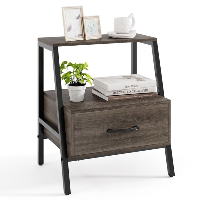 3-Tier Bedside Table Nightstand With Drawer And Open Shelf-Grey Oak by ...