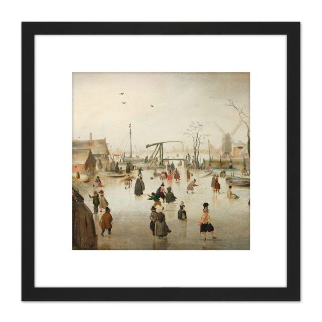 Avercamp Iceskating In A Village Painting 8X8 Inch Square Wooden Framed Wall Art Print Picture ...