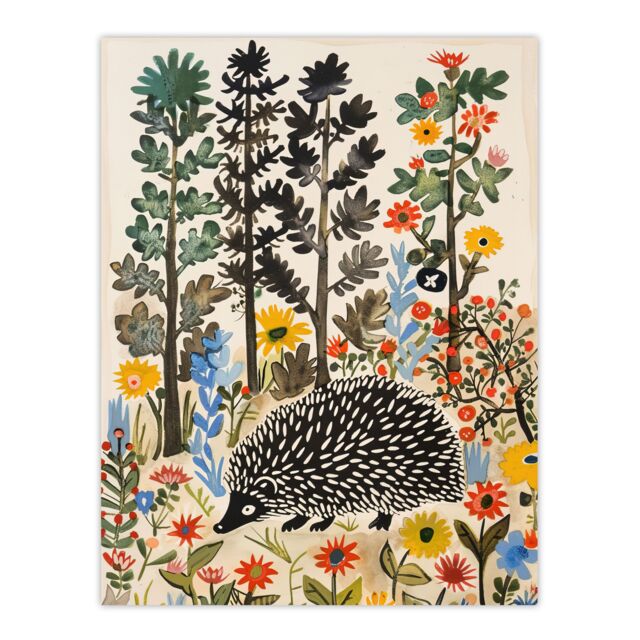 "Artery8 Hedgehog in Forest Folk Art Painting Wildflowers Wall Art ...