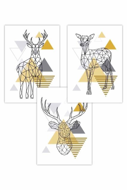 Set of 3 Geometric Line Art Yellow Stags Set Art Posters by Debenhams ...