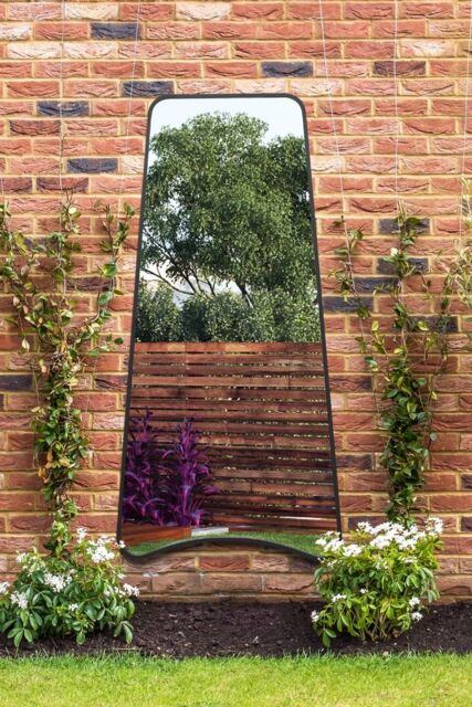 MirrorOutlet Black Metal Trapezoid Shape Framed Garden Wall Mirror ...