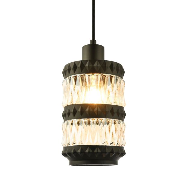 Traditional Can Shaped Pendant Shade in Matte Black with Amber Glass ...