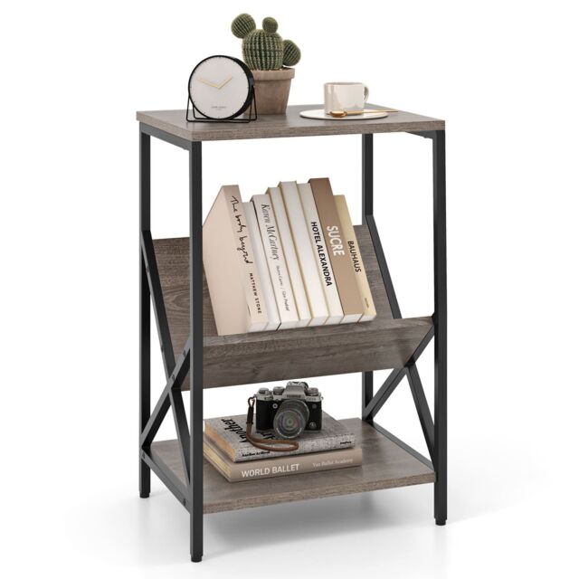 Side Table 3-Tier End Table V-Shaped Magazine Holder With Metal Frame ...