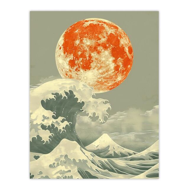 Bright Orange Moon Over Ocean Waves Japanese Edo Wall Art Print by ...