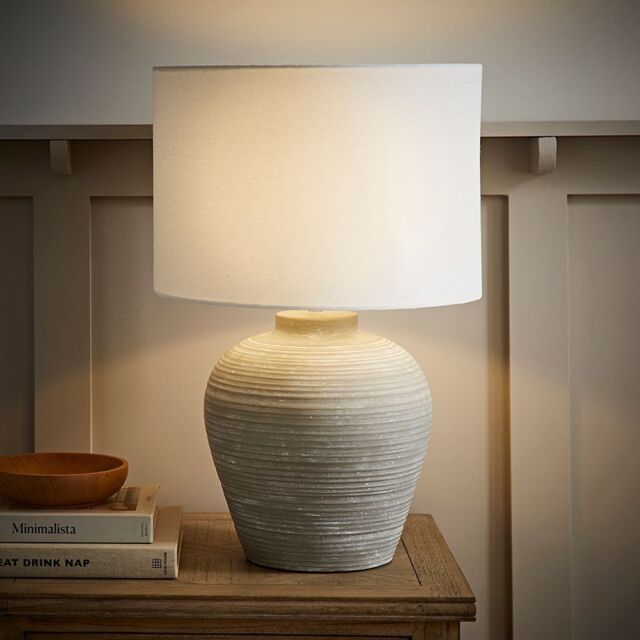 Reid Linen Drum Lamp Shade Stone Grey Ribbed Ceramic Table Lamp with ...