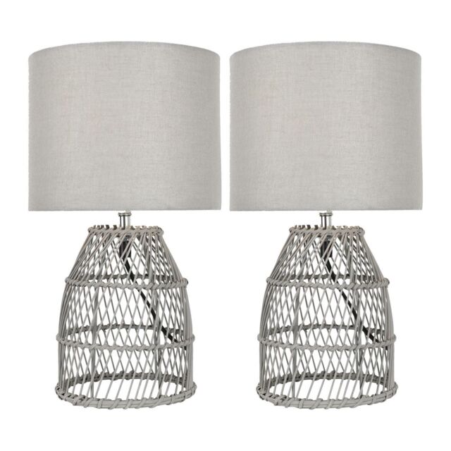 Set of 2 Bamboo - Grey Wash Bamboo 36cm Table Lamps With Grey Fabric ...