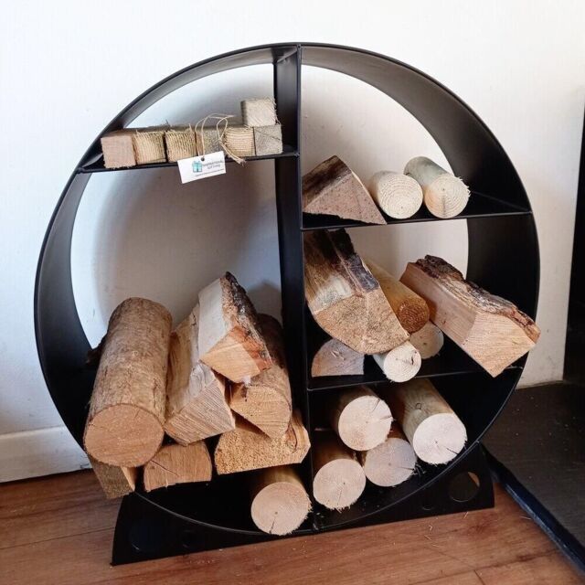 Steel Round Log Store & Shelves Metal Log Holder Log Storage in Black ...