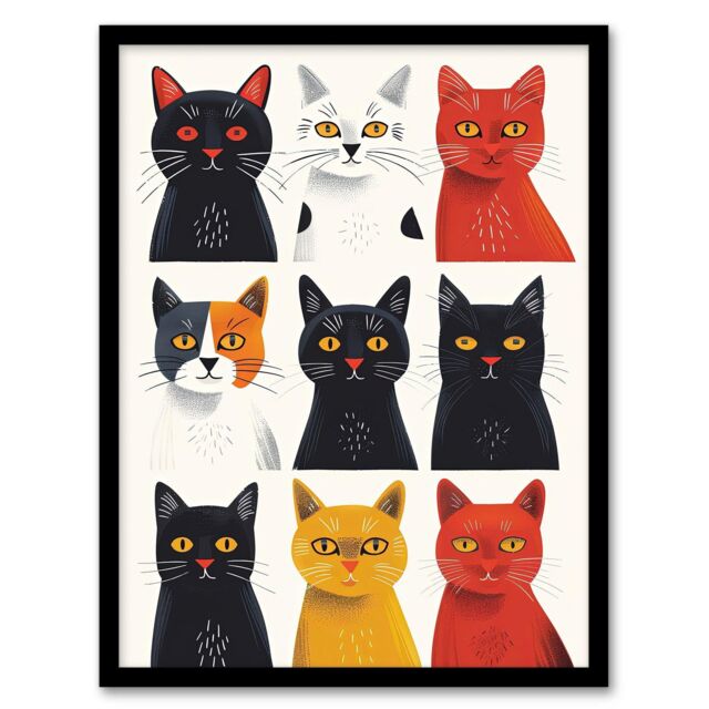 Wall Art Print Nine Cats Fun Quirky Animals Cat Lover Art Framed Poster ...