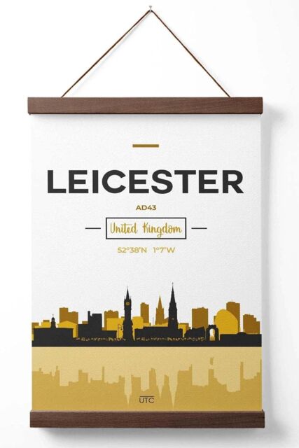 Leicester Yellow and Black City Skyline Poster with Walnut Hanger by ...