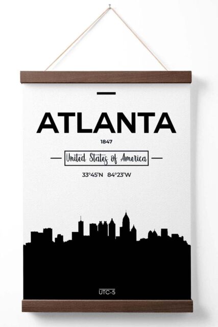 Atlanta Black and White City Skyline Poster with Walnut Hanger by ...