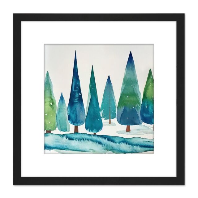 Colourful Pine Trees Wintery Artic Naive Folk Art Style Square Wooden ...