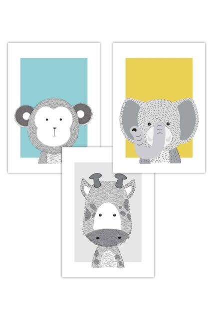 Set of 3 Nursery Scandi Sketch Animals with Giraffe in Blue Yellow Grey ...