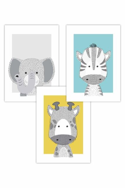 Set of 3 Nursery Scandi Sketch Animals with Elephant in Blue Yellow ...