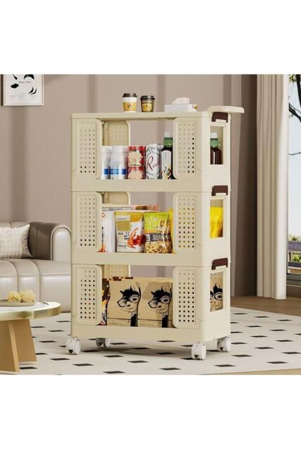 4-Tier Folding Rolling Storage Trolley Cart Multifunction Fruit ...