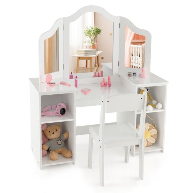 Kids Vanity Table and Chair Set 2-in-1 Princess Makeup Vanity Set-White ...