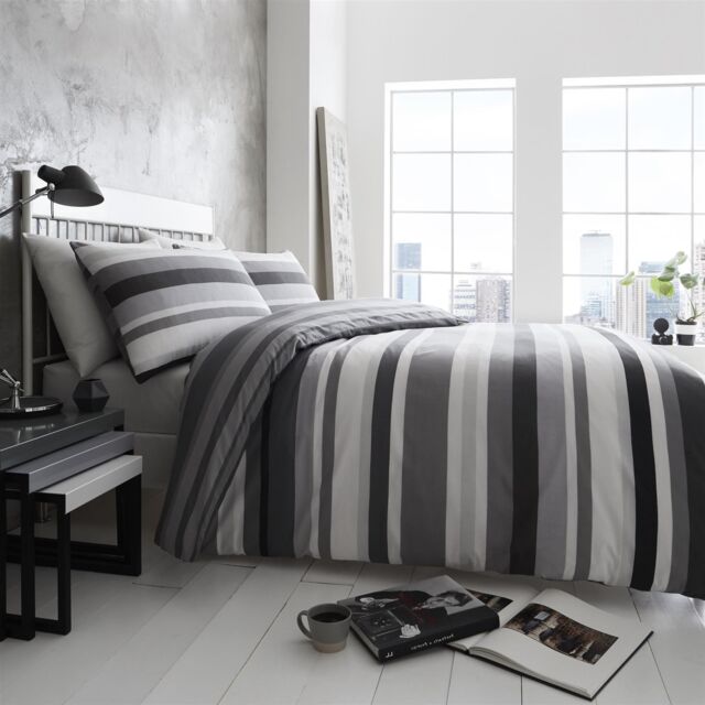 Portfolio Living Simply Stripes Duvet Cover Set Bedding in Charcoal ...