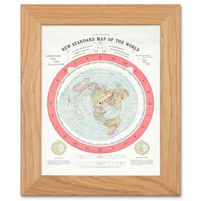 Gleason 1892 World Time Calculator Flat Earth Map Art Oak Wood Framed ...