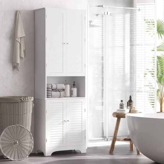White Retro Shutters Tall Freestanding Bathroom Cabinet with 3 Compartments and Shelves by ...