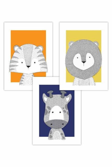 Set of 3 Nursery Scandi Sketch Jungle Animals in Yellow Navy Orange Art ...