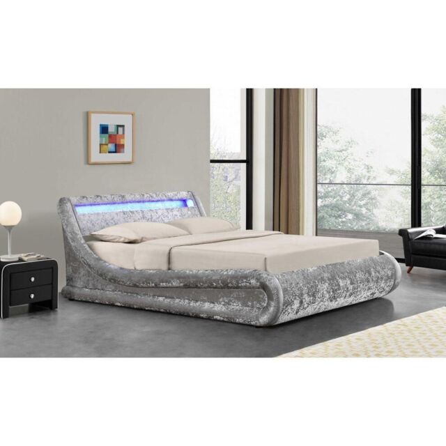 Madrid LED Bed Frame With Ottoman Storage & Remote Silver Velvet Single ...