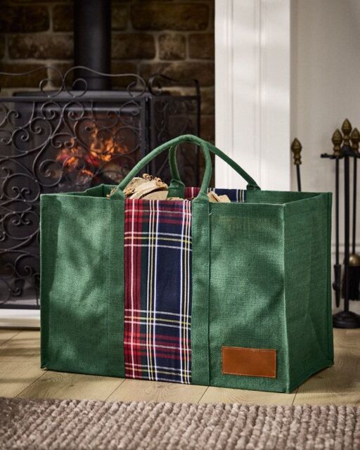 Traditional Tartan Plaid Garden Green Firewood Log Storage Jute Bag H40 ...