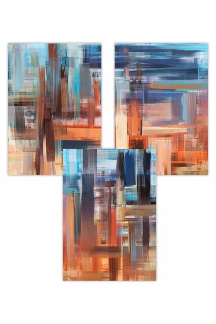 Set of 3 Geometric Abstract Sunset City In Blue and Orange Art Posters ...