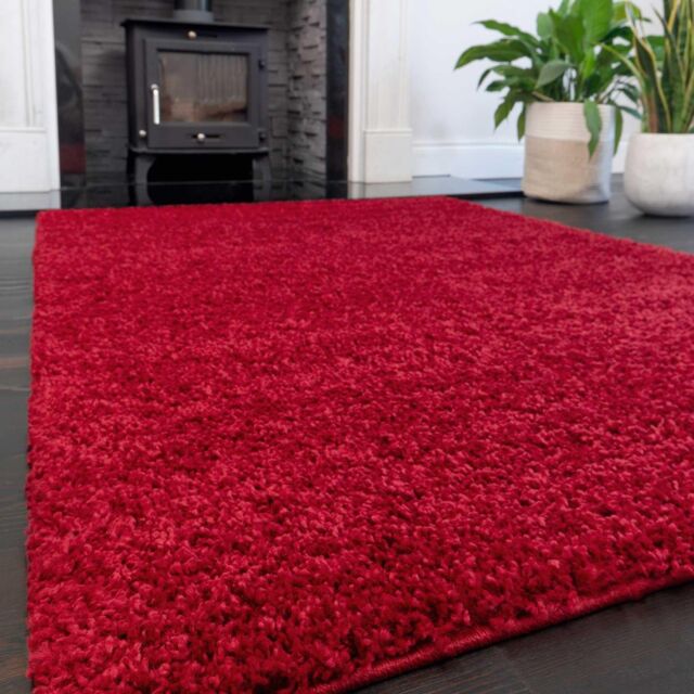 Burgundy Red Wine Shaggy Fluffy Deep Pile Bedroom living Room Area Rug ...