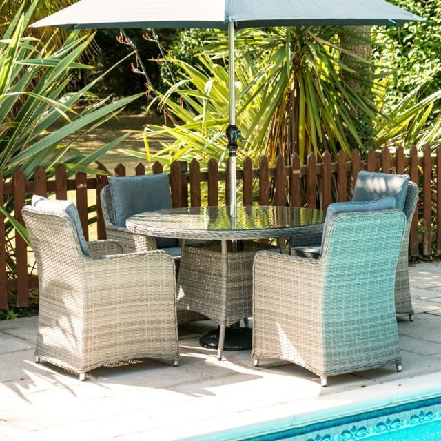 Hampton Rattan 4 Seat Dining Set in Champagne with 2.5m Parasol and ...