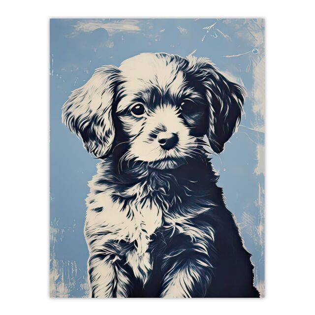 "Artery8 Wall Art Print Mini Doodle Dog Animal Pet Portrait Blue Poster ...