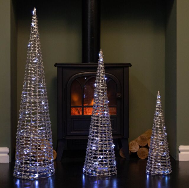 Set of 3 Silver Glitter Twist Christmas Cone Trees with 90 Cool White ...