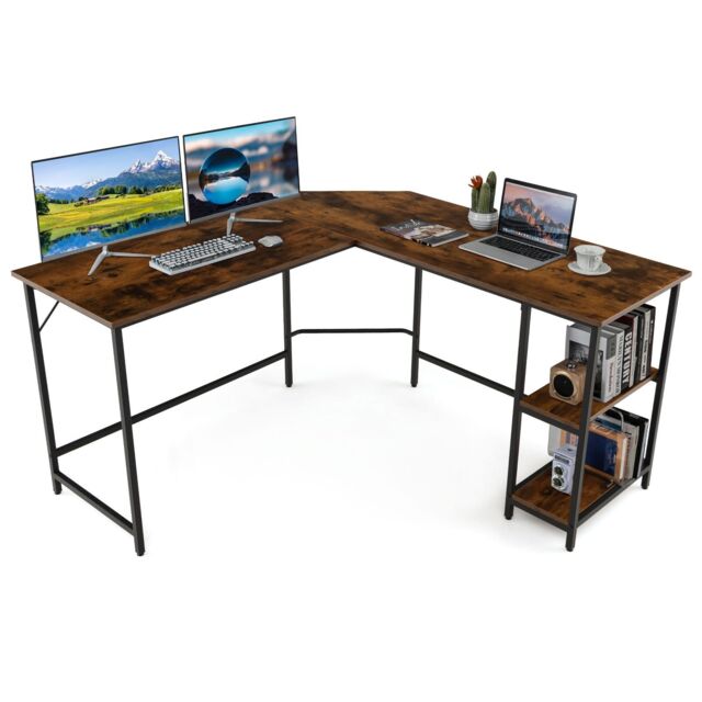 L Shaped Computer Desk Corner Computer Gaming Desk with 2 Tiers Shelves ...
