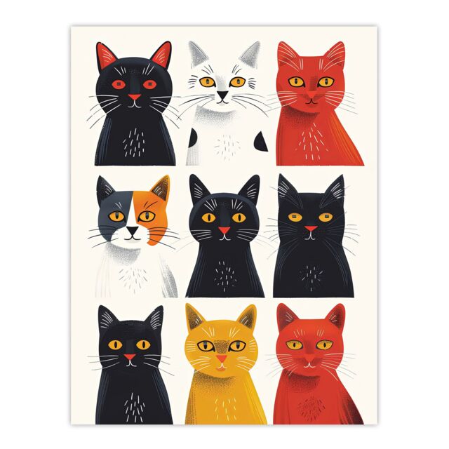 "Artery8 Wall Art Print Nine Cats Fun Quirky Animals Cat Lover Poster ...