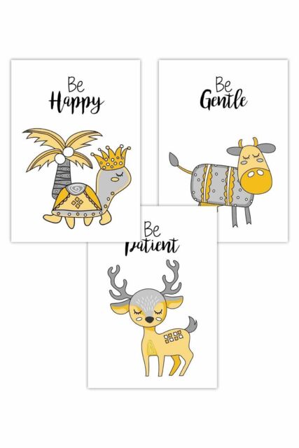 Set of 3 Scandi Nursery Deer Animals Quote Yellow Grey Art Posters by ...