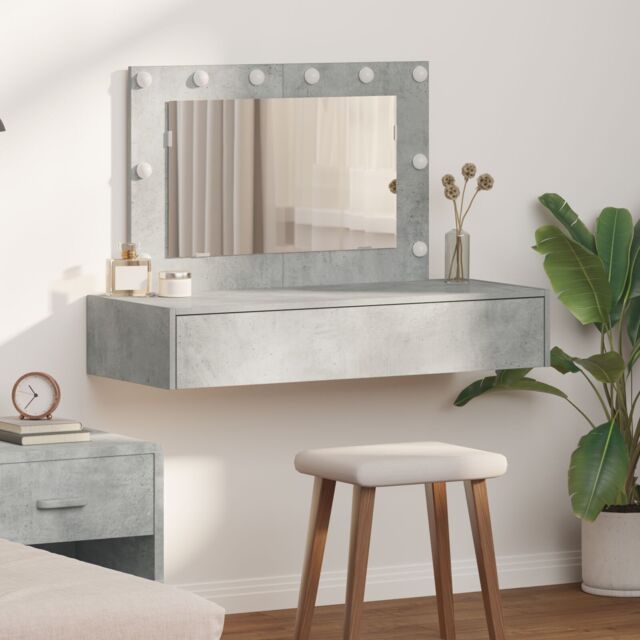 Berkfield Home Wall Hanging Dressing Table with LED Lights in Concrete ...