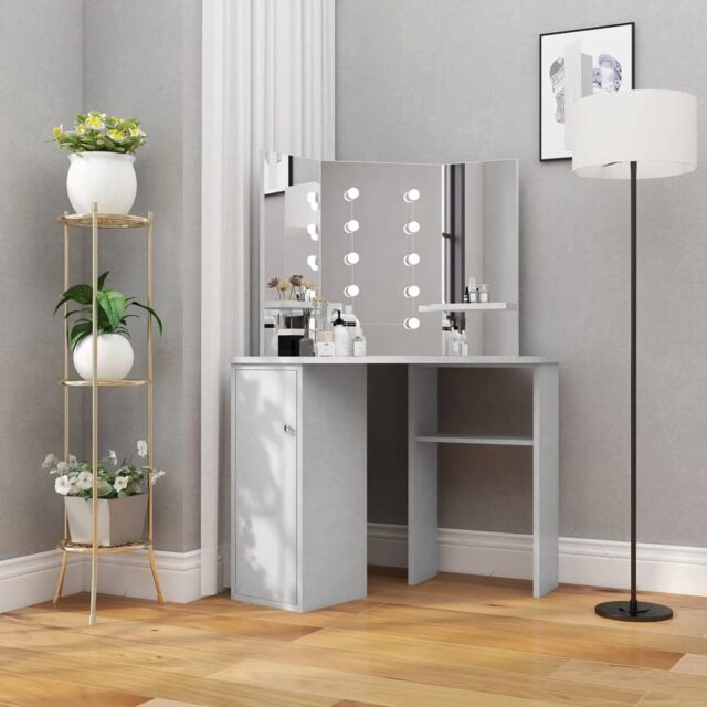 Berkfield Home Corner Dressing Table with LED Concrete Grey 111x54x141 ...