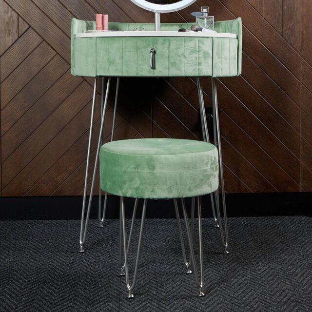 rench Riviera Sage Green Velvet Dressing Table with Velvet Stool by ...