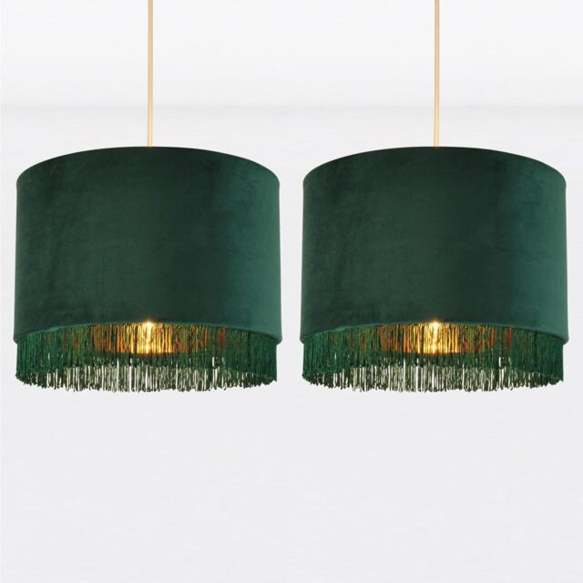 Set of 2 Spruce Green Velvet With Gold Inner Tassled Light Shades by ...