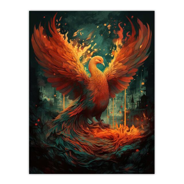 Wall Art Print Majestic Phoenix Bird Concept Painting Blue Orange Red ...